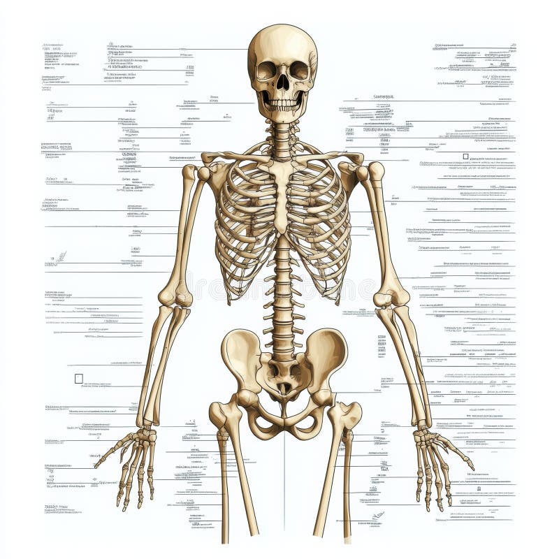 Detailed Anatomical Diagram Showing Human Skeleton with Labeled Bones and Structure in a ...