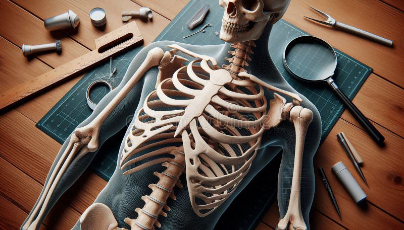Human Skeleton with Study Tools on a Work Surface Stock Illustration ...