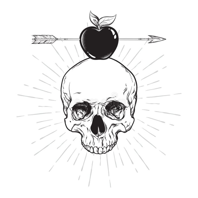 Human Skull and Apple Pierced with Arrow Line Art and Dot Work. Boho ...