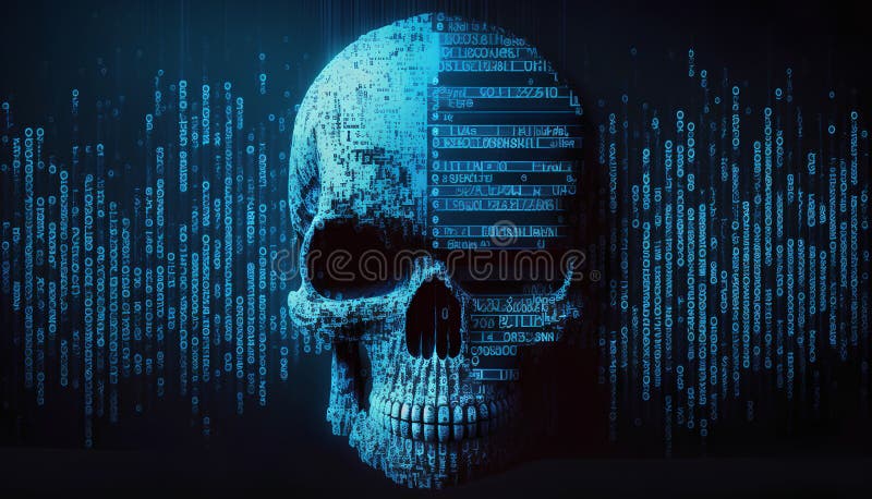 Human Skull with Binary Code on Blue Background. 3D Rendering Stock Illustration - Illustration ...