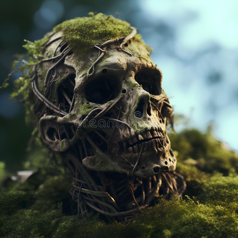 Human Skull Covered with Moss Stock Illustration - Illustration of ...