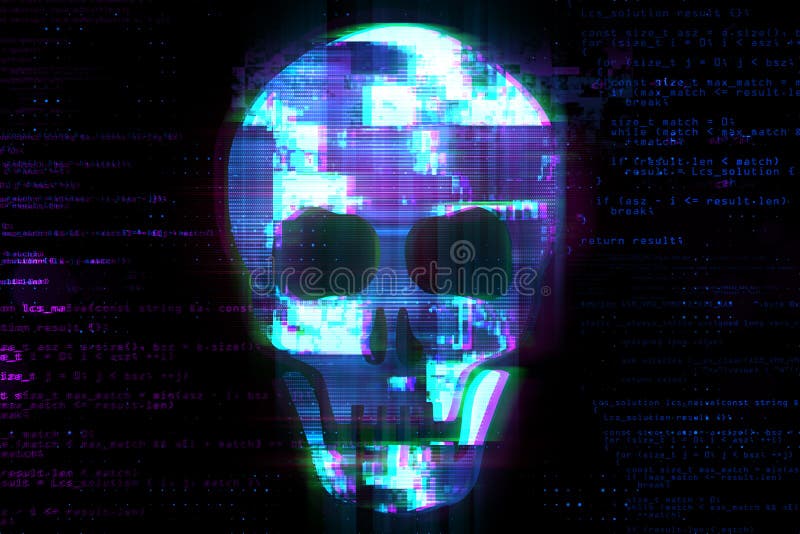 Human Skull on Glitched Screen Background. Computer Virus, Hacker or ...