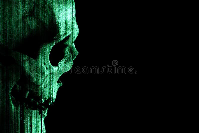 Human Skull with Green Binary Code Matrix Texture on a Black Background ...