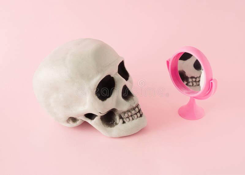 Human Skull Looking in a Pink Mirror Stock Image - Image of black ...