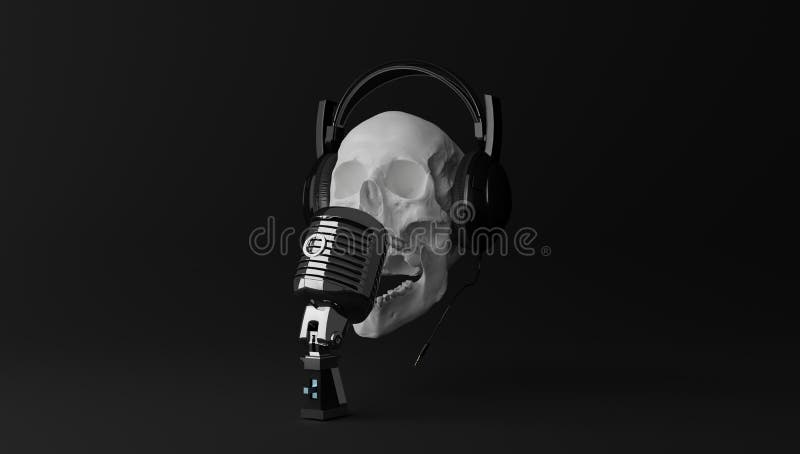 Human Skull with Microphone and Auticulars. 3d Rendering. Stock ...