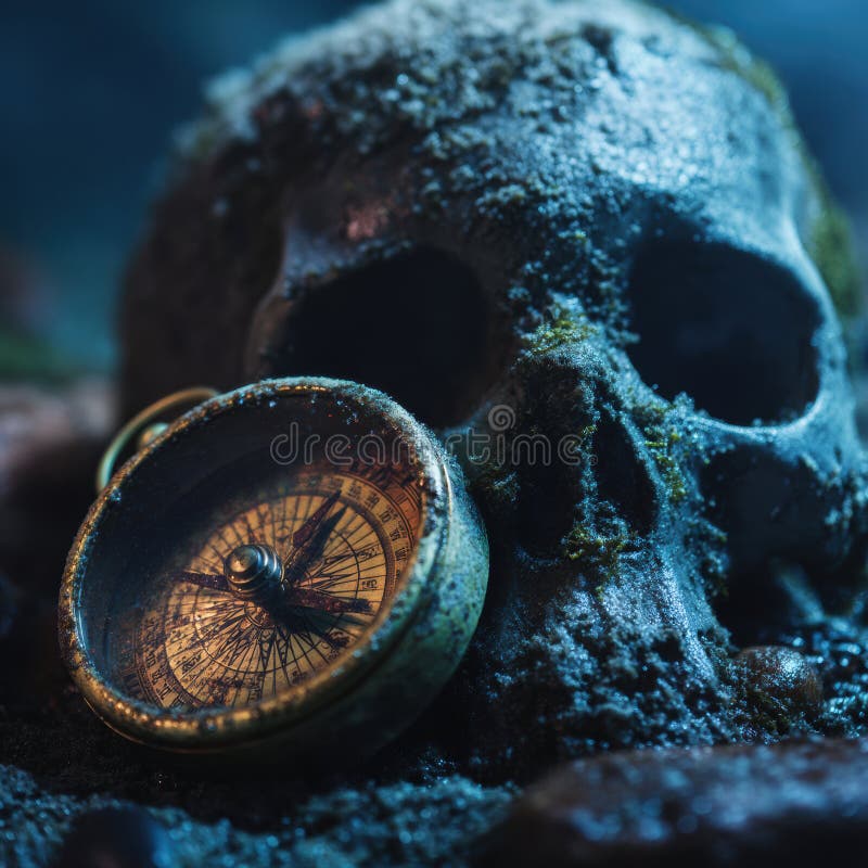 Mossy Skull with Ancient Compass on Ocean Floor Stock Illustration ...