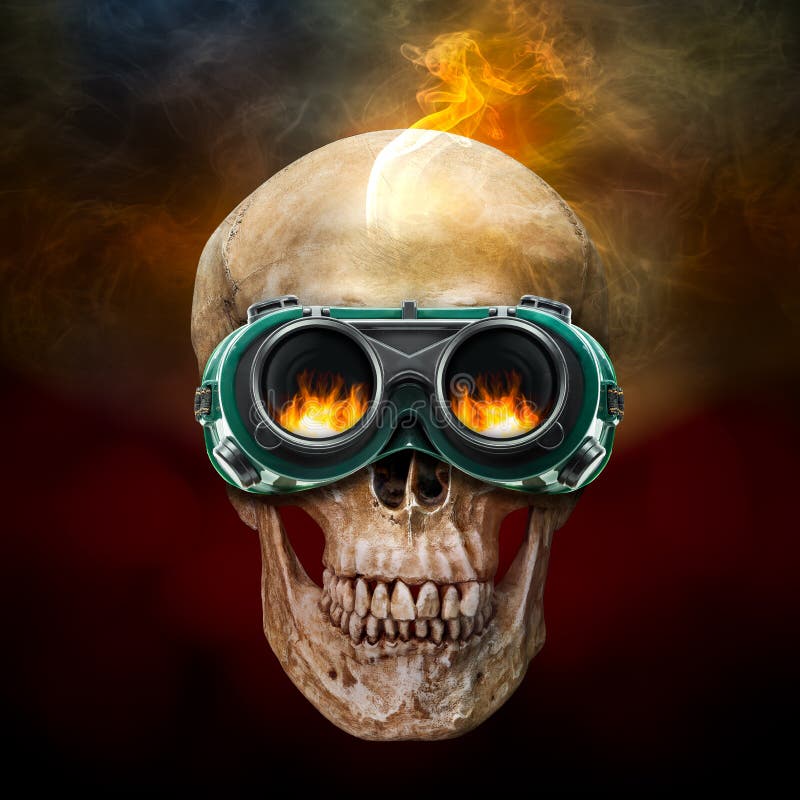 Human Skull with Safety Glasses Stock Photo - Image of flame ...