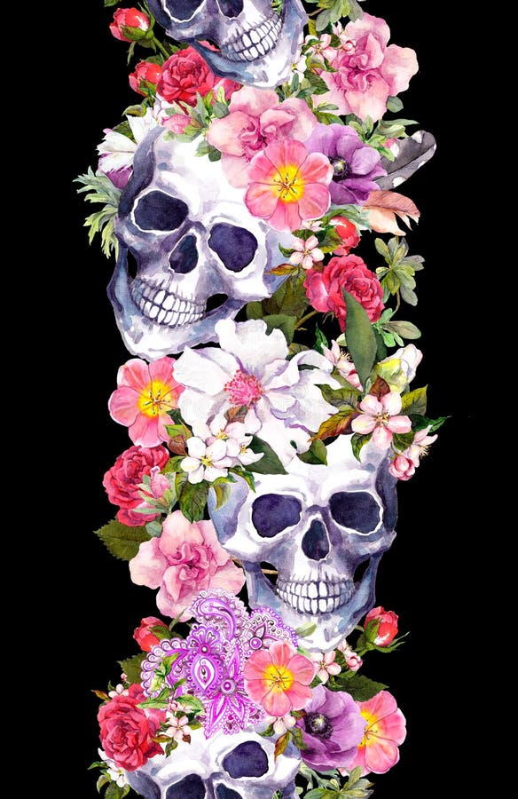 Human Skulls With Rose Flowers Branches Seamless Border Frame