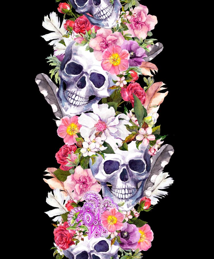 Human Skulls with Flowers. Seamless Border. Watercolor Frame Stock ...