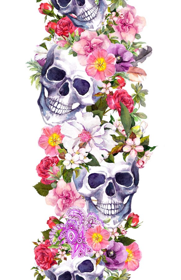 Human Skulls with Rose Flowers, Branches. Seamless Border Frame ...