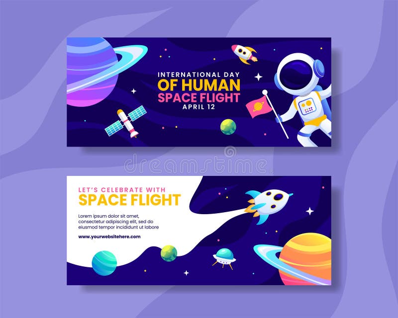 Human Space Flight Horizontal Banner Flat Cartoon Hand Drawn Templates ...