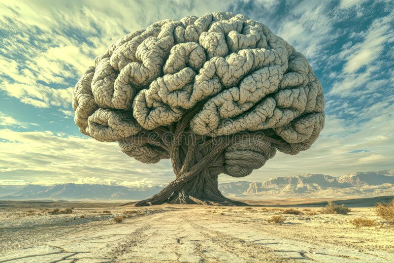 Human Standing in Front of an Imaginary Brain Tree in a Desertic ...
