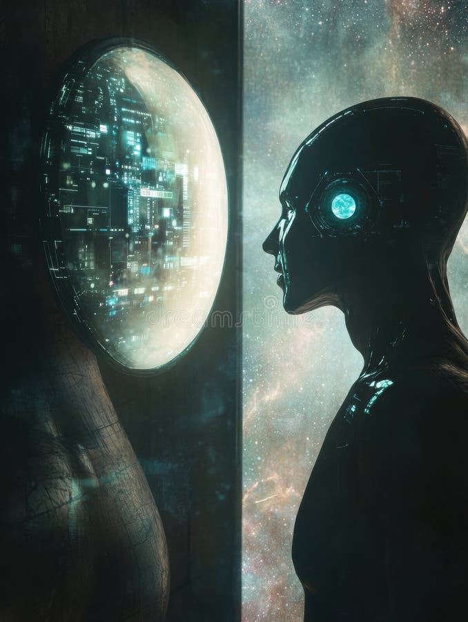 A Human Stands before a Digital Mirror, Where an Advanced AI Reflection ...