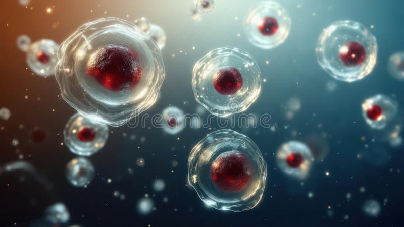 Human Stem Cells with Red Nuclei Floating in a Blue and Orange Gradient ...