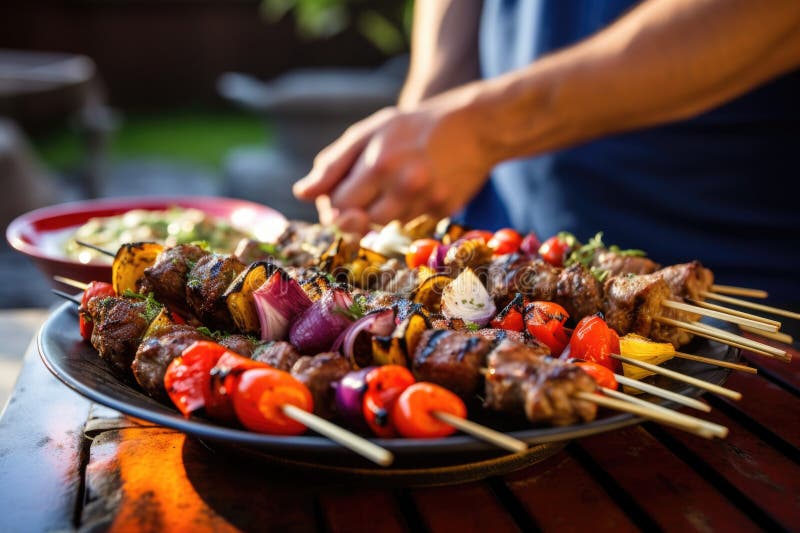 Human Subject Arranging Skewered Meats on a Bbq Plate Stock Image ...