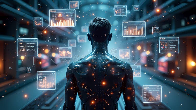 Human Surrounded by Holographic Screens in Landscape Stock Photo ...