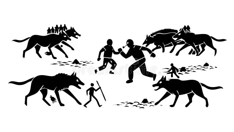 Human Survival and Evolution Chase Scene Silhouette, Vector Design ...