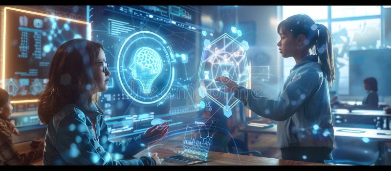 Human Teacher and AI Assistant in Dynamic Futuristic Classroom AIG60 ...