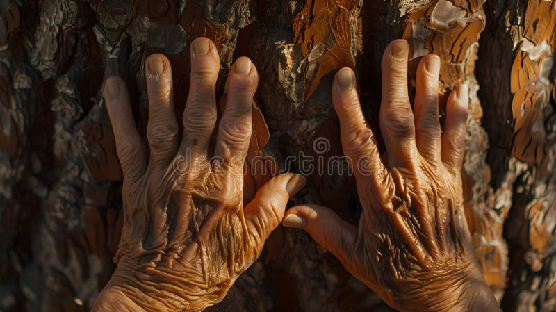 A Human Touch on Tree Bark: Gentle Interaction with Nature. Close-up of ...