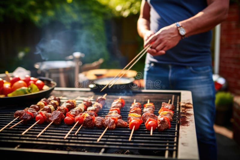 Human Turning Meatball Skewers on Backyard Bbq Stock Image - Image of ...