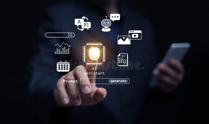 Human Using AI Assistant with Futuristic Interface Icons, Symbolizing Artificial Intelligence ...