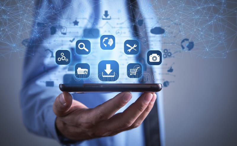 Human Using Smartphone. App Icons with a Download Symbol. Development ...