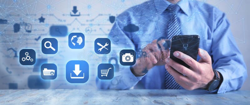 Human Using Smartphone. App Icons with a Download Symbol. Development ...