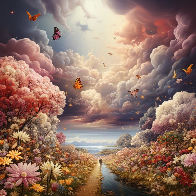 Human Walking on a Path through Clouds and Pastel Colored Flowers, Self ...