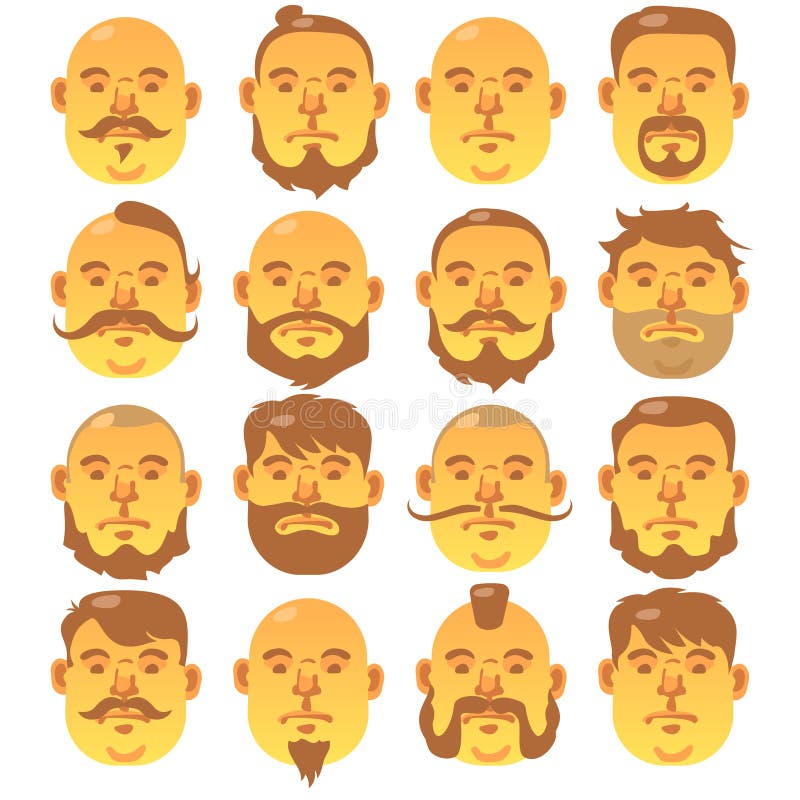 16 Human Yellow Faces with Different Hairstyle and Beard Stock ...