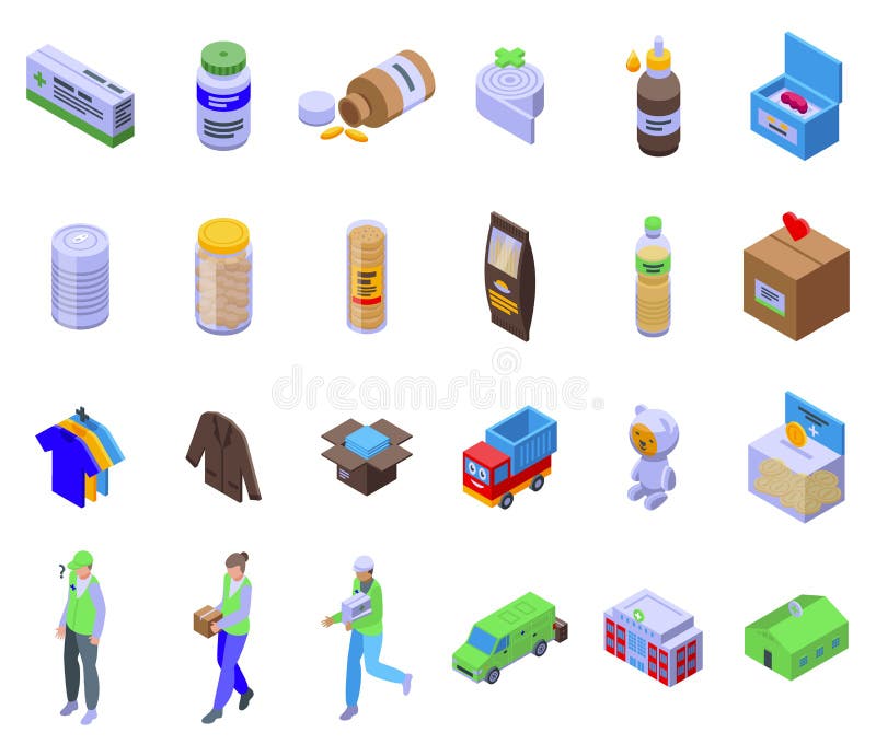 Humanitarian Aid Icons Set Isometric Vector. Box Donate Stock Vector ...