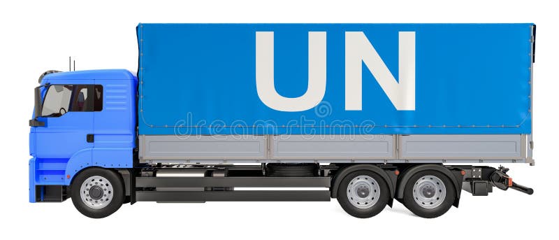Humanitarian Cargo from UN Concept. Truck with UN Flag, 3D Rendering ...