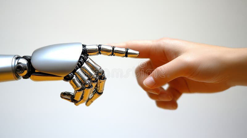 Humanity and Technology Touching Hands of Man and Machine in a ...