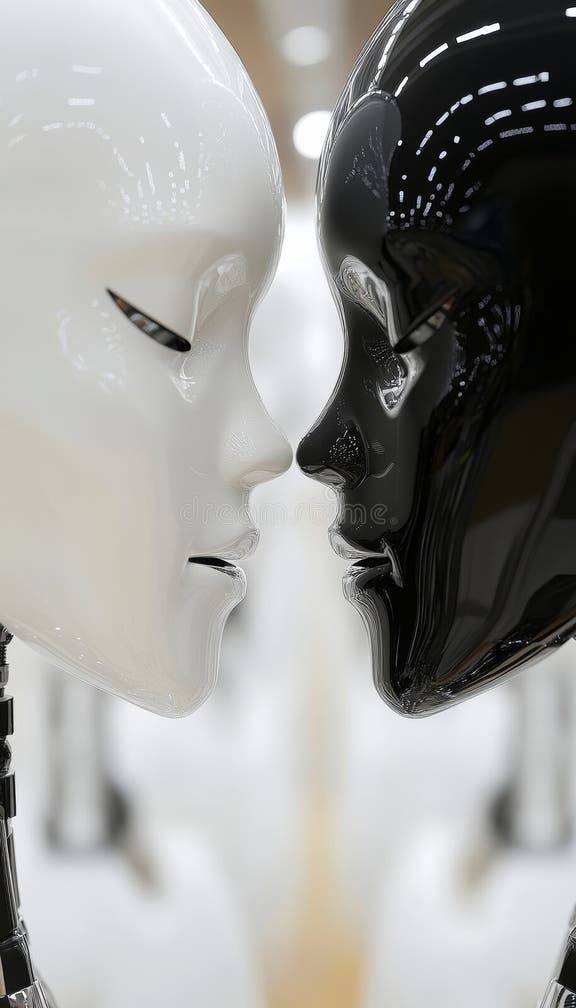 Humanity Vs. AI White and Black Robots Face Off in a Confrontation of ...