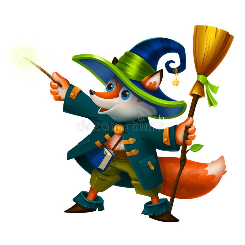 Humanized Animal Character of Fox Wizard Makes Magic with a Magic Wand ...