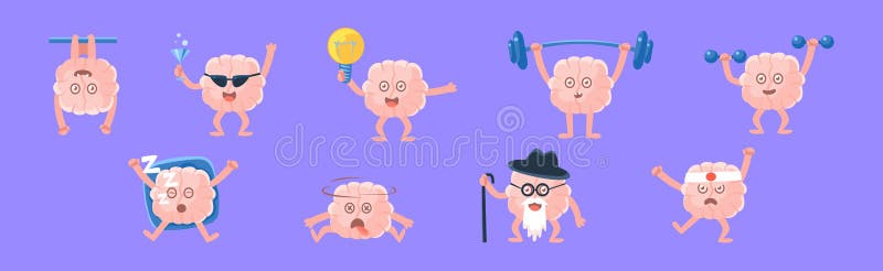 Humanized Brain Character with Various Action Vector Set Stock ...