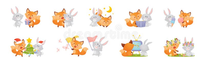 Humanized Fox and Hare Engaged in Different Activity Vector Set Stock ...