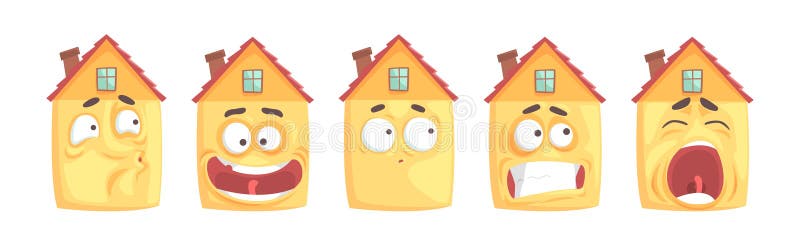 Humanized House Funny Building Character with Various Face Expression ...