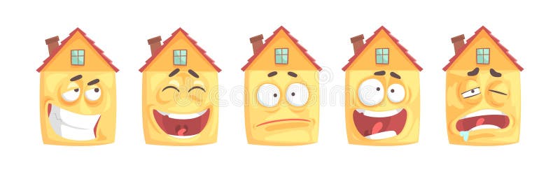 Humanized House Funny Building Character with Various Face Expression ...