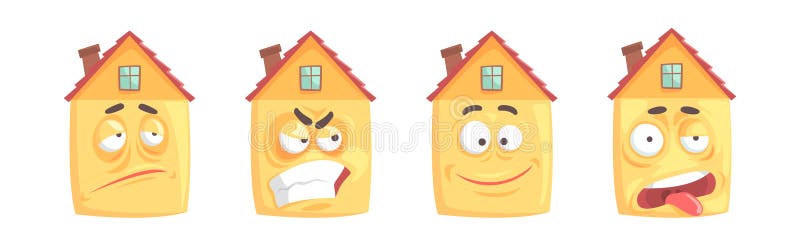 Humanized House Funny Building Character with Various Face Expression ...