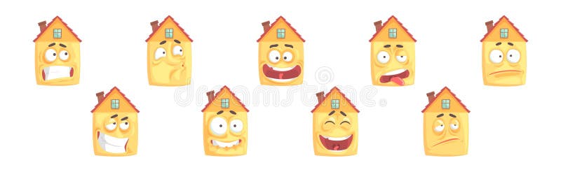 Humanized House Funny Building Character with Various Face Expression ...