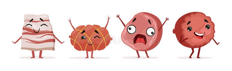 Humanized Meat Product Character with Face and Arms Vector Set Stock ...