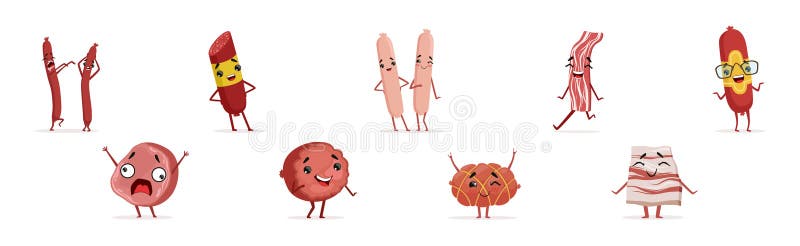 Humanized Meat Product Character with Face and Arms Vector Set Stock ...