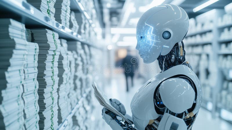 Humanoid AI Banker Examining Documents in High Tech Environment Stock ...