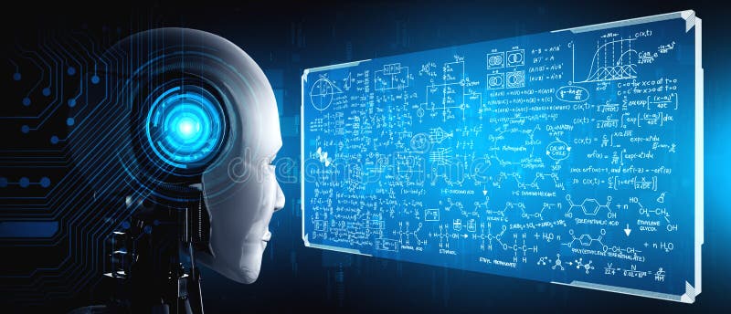 Humanoid AI Robot Looking at Hologram Screen in Concept of Math ...