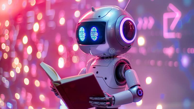 Humanoid Ai Robot with Math Book in Holographic Formulas, Blurred ...