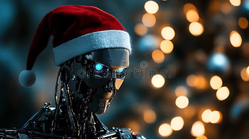 Humanoid AI Robot in Santa Claus Hat Empty Space Banner Stock Photo ...