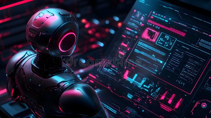 Humanoid AI Robot Working on a Futuristic Coding Interface with Digital Programming Screen Stock ...
