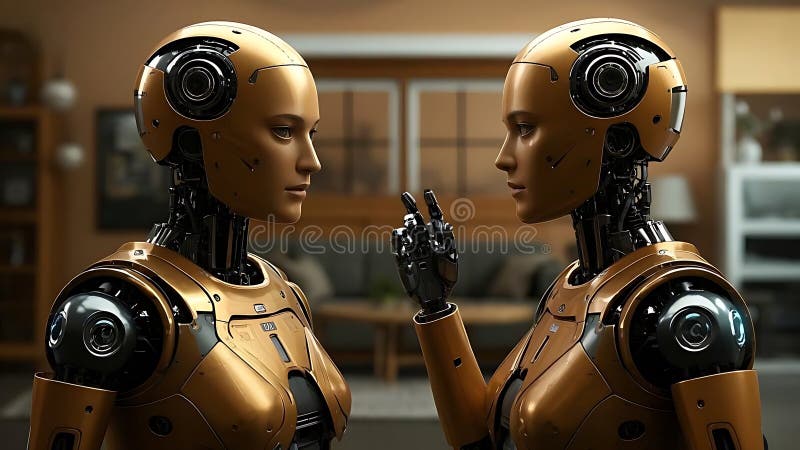 Humanoid AI Robots Engaged in a Conversation Stock Illustration ...