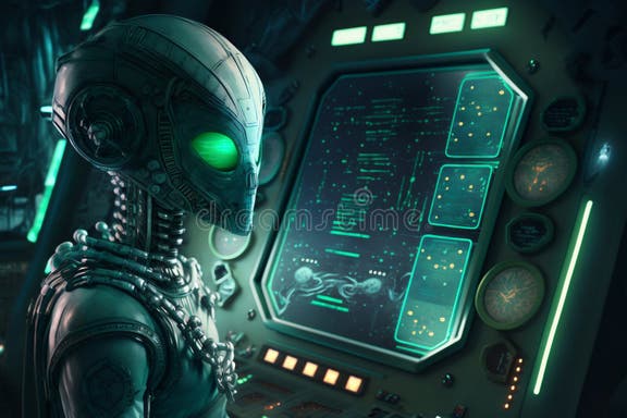Humanoid Alien Using Futuristic Control Panel in Spaceship, Alien ...