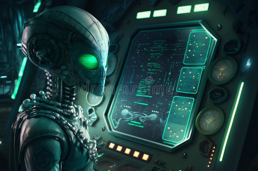 Humanoid Alien Using Futuristic Control Panel in Spaceship, Alien ...